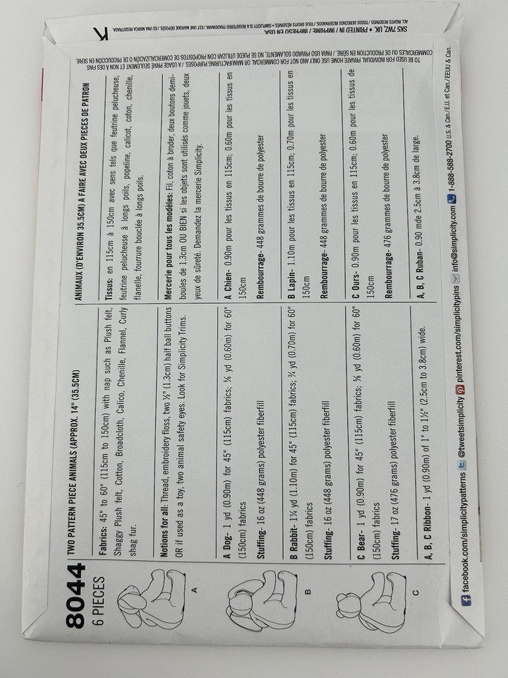 Simplicity 8044 Stuffed Animal Sewing Pattern Uncut Bunny Bear Puppy | eBay