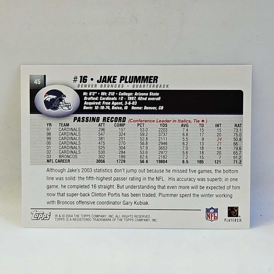 Jake Plummer Denver Broncos 2004 Topps #45 NFL Football Card | eBay
