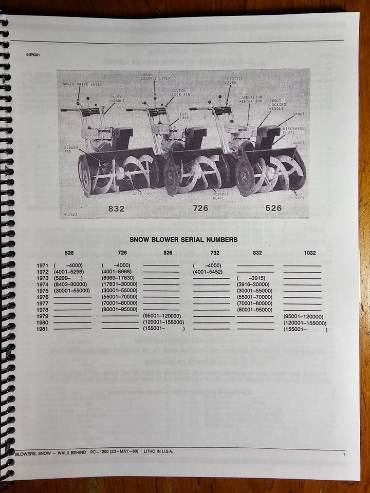 John Deere 526 726 826 732 832 1032 Snow Blower Parts Catalog Manual PC ...