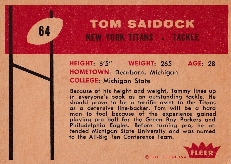 1960 Fleer Tom Saidock #64 RC New York Titans | eBay