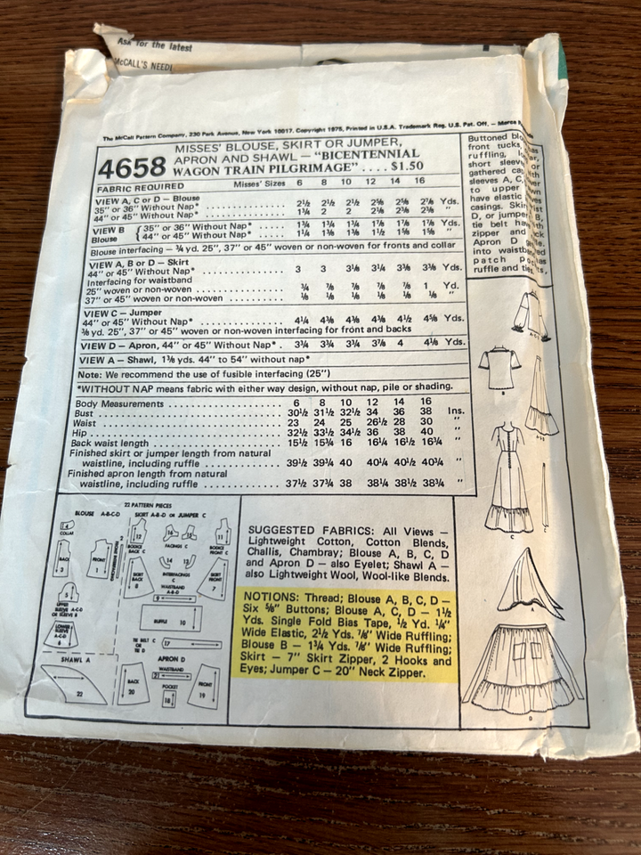 Vtg Mc Call's 4658 Miss 8 Blouse Skirt Jumper apron Shawl | eBay
