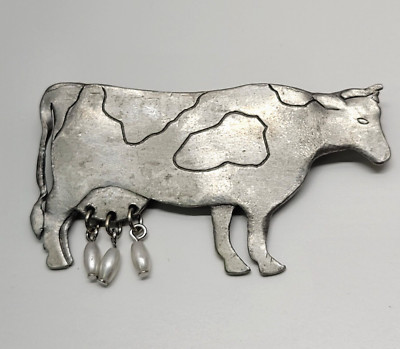 VTG Designer JJ Signed Silver Tone Cow Brooch Pin W/ Faux Pearl Accent ...