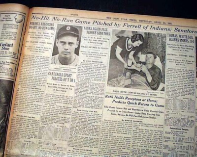 WES FERRELL No-Hit Cleveland Indians Game BABE RUTH Injury Photo 1931 ...