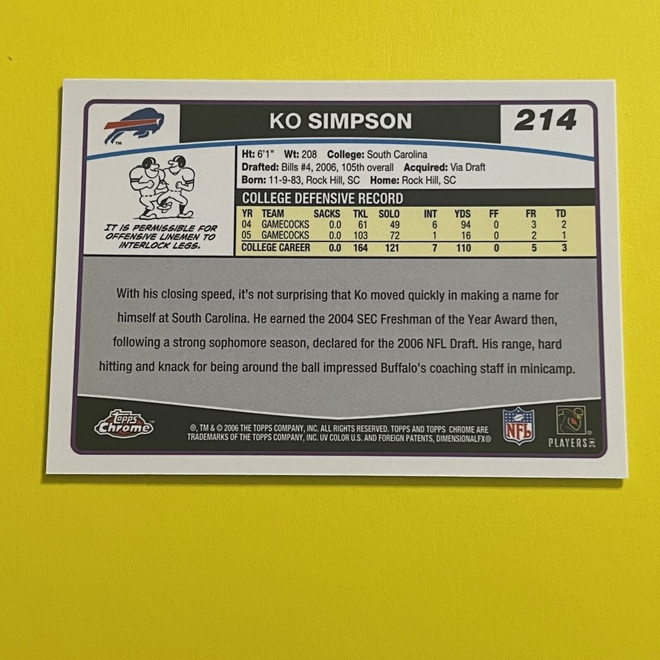 2006 Topps Chrome #214 Ko Simpson Bills Rookie RC South Carolina ...