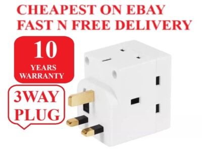 3 Way three Pin Plug Adaptor Multi Plug Fused Adapter CE Approved ...