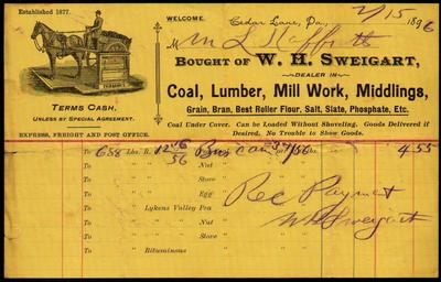 1896 Cedar Lane PA W H Sweigart Coal Lumber Middlings Grain - Letter ...
