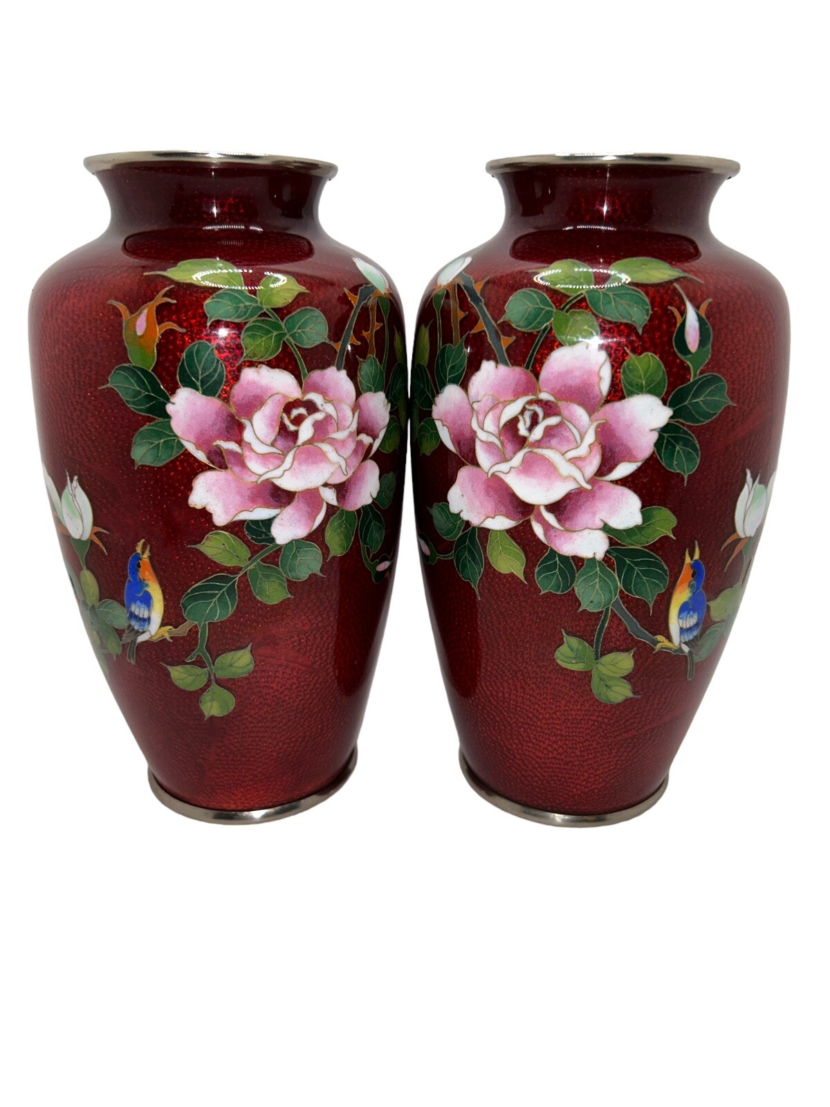 PAIR JAPANESE GINBARI CLOISONNE PIGEON BLOOD VASES, SILVER RIMS, SHOWA ...
