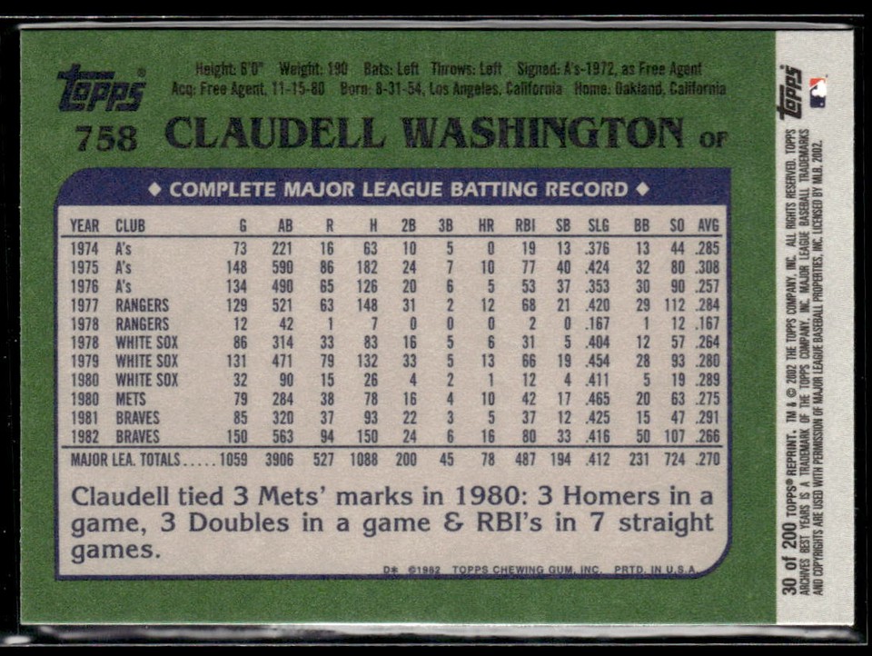 2002 Topps Archives #758 Claudell Washington | eBay