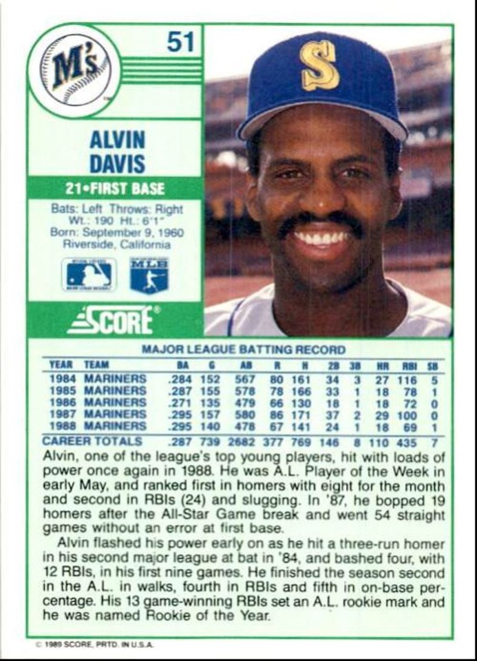 1989 Score Baseball Card Alvin Davis A Seattle Mariners #51 | eBay