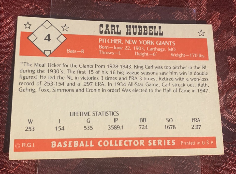 Carl Hubbell 1984 R.G.I. Baseball Collector Series Card # 4 NY Giants ...
