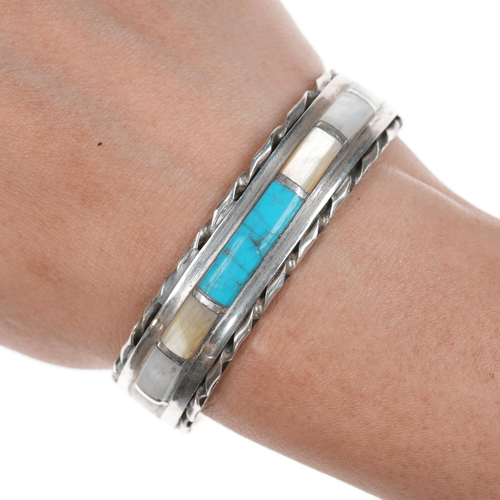 6.25" Vintage Zuni Turquoise and Shell channel inlay silver cuff ...