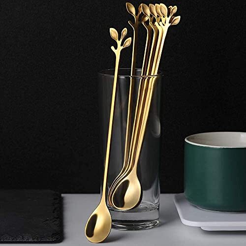 Long Handle 7.4inch Leaf Teaspoons Set 12 Pcs Gold Stainless Steel ...