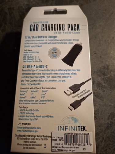 INFINI TECH 17 WATT USB CHARGE SMART PHONE, TABLET, LAPTOP CAR CHARGER ...