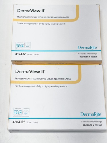 New DermaView II Transparent Film Wound Dressing W/Label 4x4.5" ~2 ...