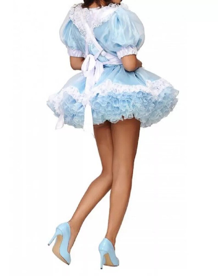 Girl Maid Sissy Blue Satin Lockable Fluffy Dress Cosplay Costume Cdtv