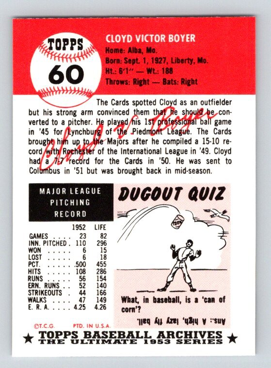 1991 Topps Archives The Ultimate 1953 Set #60 Cloyd Boyer FREE SHIPPING ...