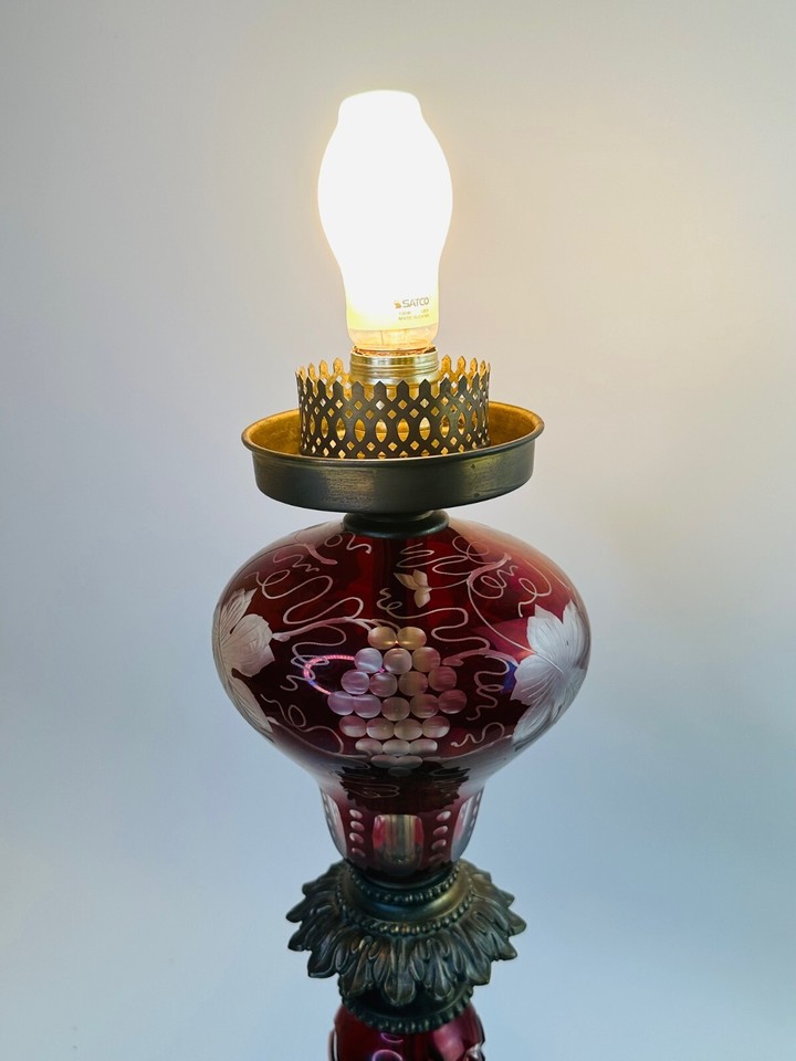 Vintage Bohemian Ruby Red Cut to Clear Large Glass Parlor Banquet Lamp ...