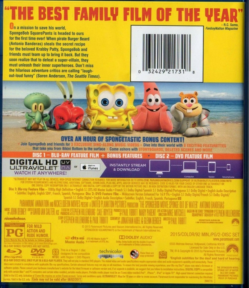 Spongebob Squarepants Movie Sponge Out of Water Family Fun Film Blu-ray ...