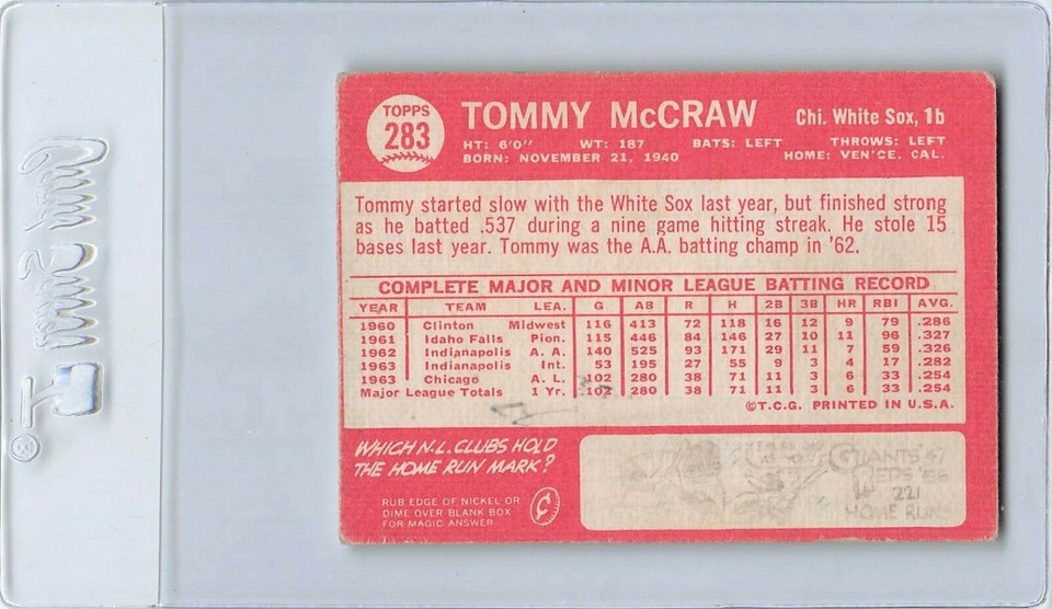 1964 TOMMY McCRAW - Topps Baseball Card # 283 - CHICAGO WHITE SOX | eBay