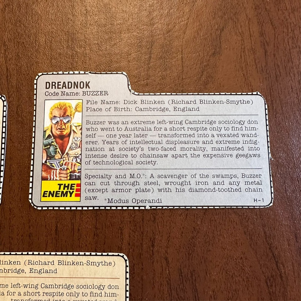 1985 HASBRO GI JOE COBRA DREADNOK BUZZER v1 FIGURE PEACH FILE CARDS LOT ...
