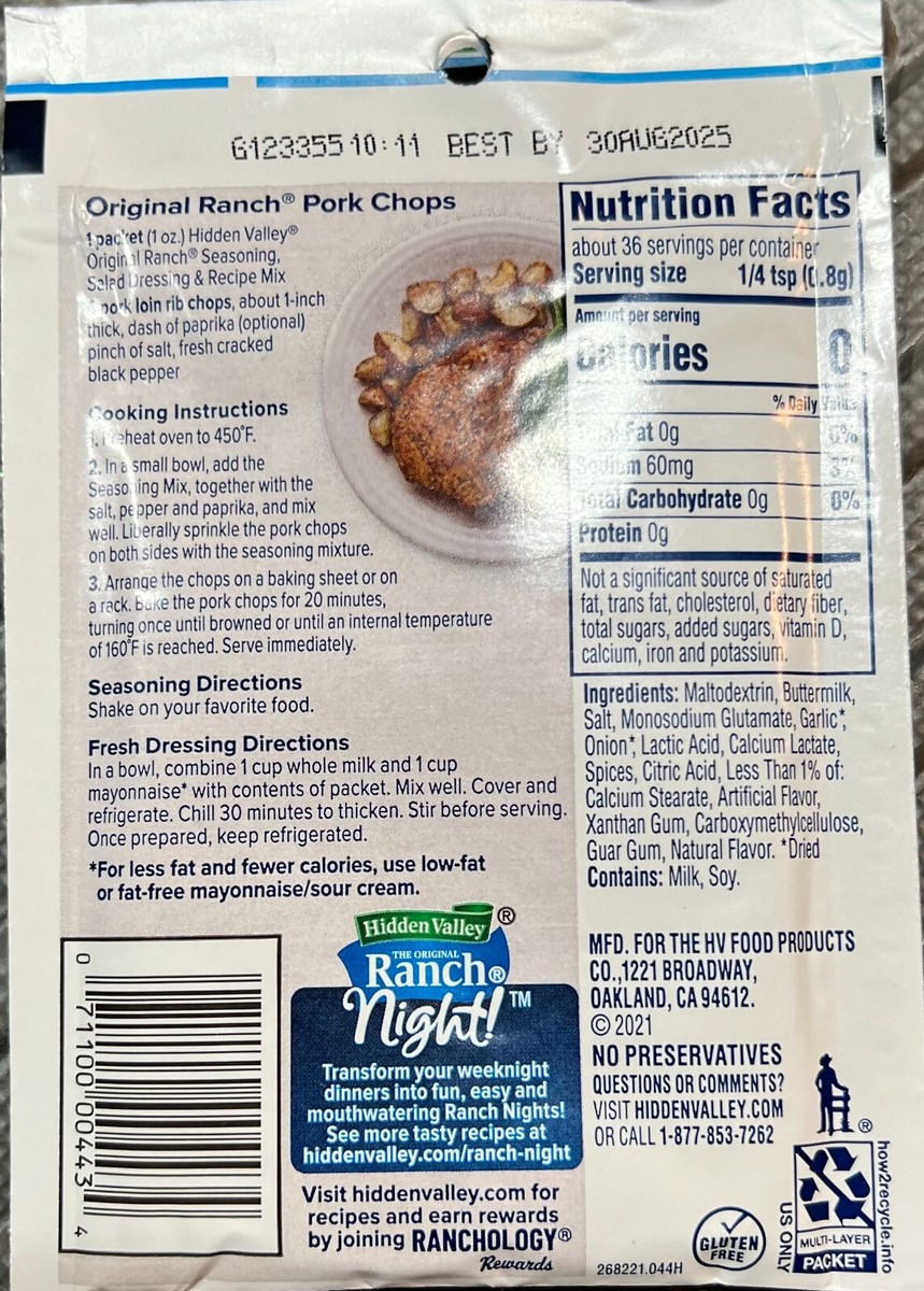 Ranch Ingredients Label Hidden Valley Original Ranch Seasoning Mix