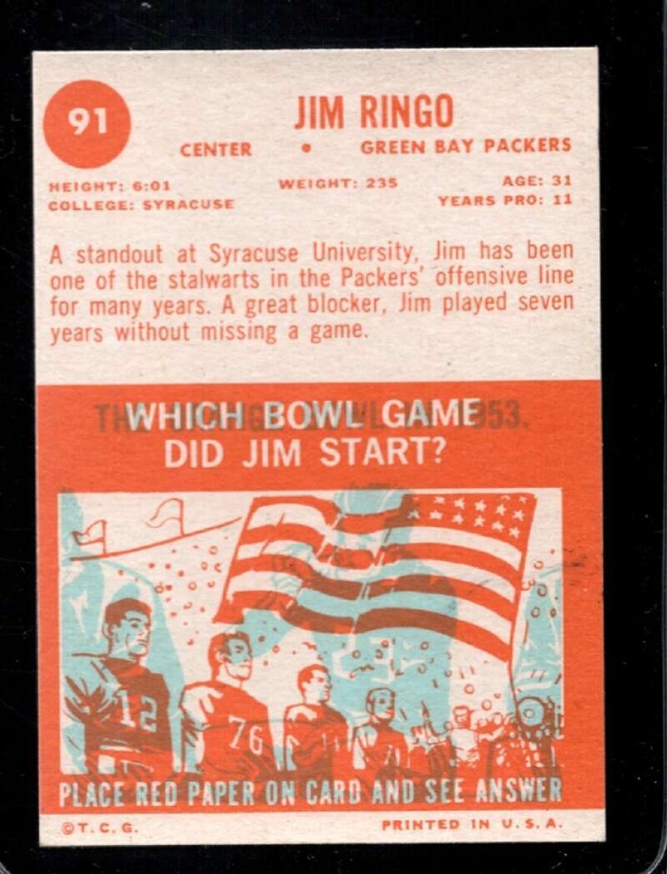1963 TOPPS #91 JIM RINGO EXMT PACKERS (PURPLE SKY) HOF *X35334 | eBay