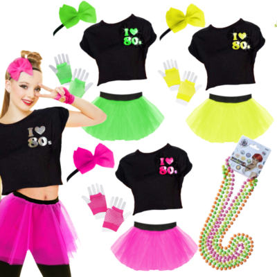 80s neon TUTU FANCY DRESS TOP GLOVES HAIR BOW BEADS HEN PARTY COSTUME ...