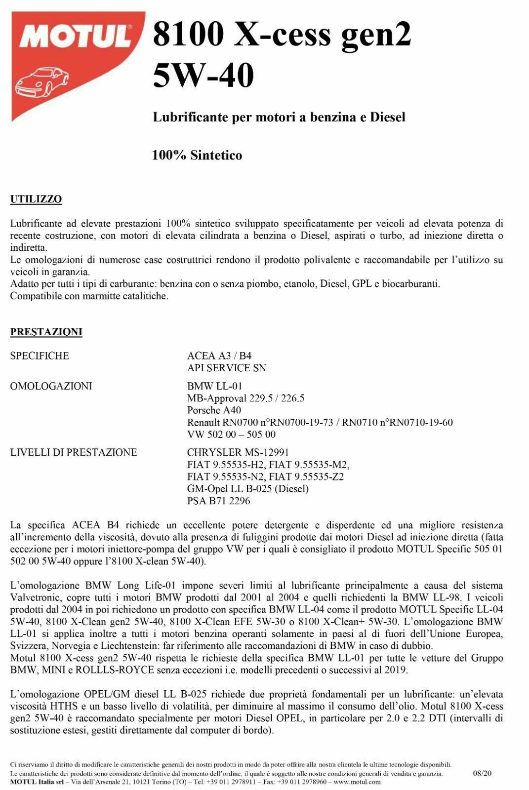5 lt Motul 8100 X-Cess 5W40 Gen2 Olio Motore 100% Sintetico ACEA A3/B4 ...
