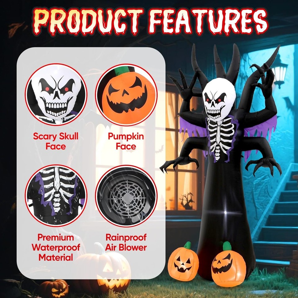 8FT Halloween Inflatables Skeleton Tree - Creepy Face Grim Reaper Blow ...