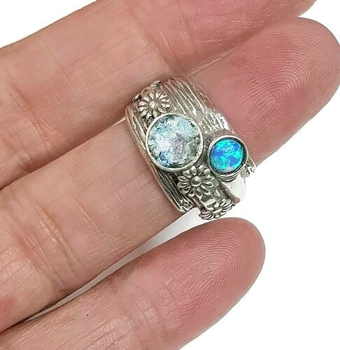 Roman Glass Ring Silver 925 Flower Round Blue Opal Ancient Fragment 200 ...