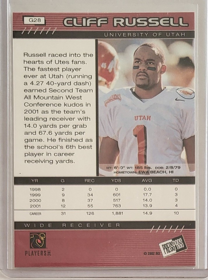 2002 Press Pass Gold Zone #G28 Cliff Russell Utah Utes Football Card | eBay