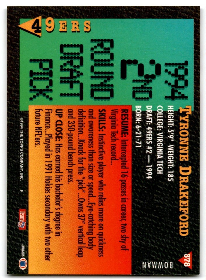 1994 Bowman Tyronne Drakeford Rookie San Francisco 49ers #378 | eBay