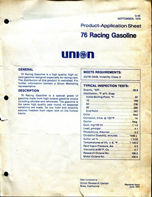 VINTAGE 1978 UNION 76 RACING GASOLINE SPEC SHEET FORM G-4E ORIGINAL NO ...