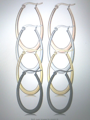 14KT GOLD & STS MULTI SNAP BACK OVAL HOOP EARRINGS SET 2 1/3 IN SPECIAL ...