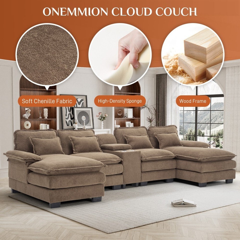 Modern 124" U-Shaped Oversized Sectional Sofa Couch w/Central Console ...