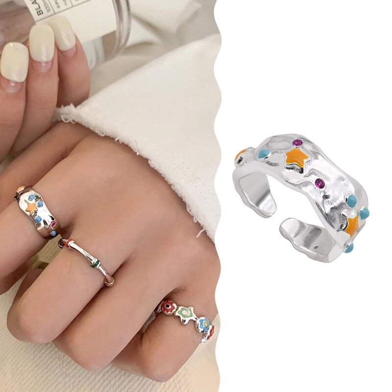 Colorful Flower Star Rings Dopamine Opening Adjustable Oil Drop Finger ...