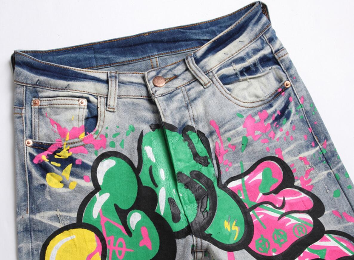 Men's Blue Color Printed Ripped Straight Leg Denim Jeans Casual Punk ...