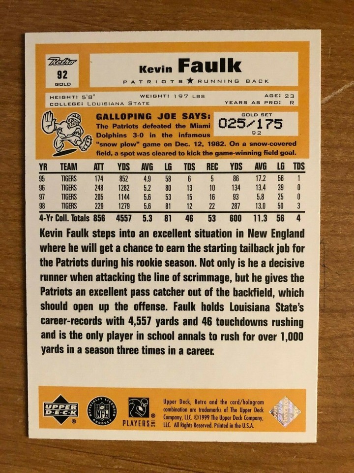 1999 UD Retro Gold Kevin Faulk LSU New England Patriots RC 025/175 | eBay