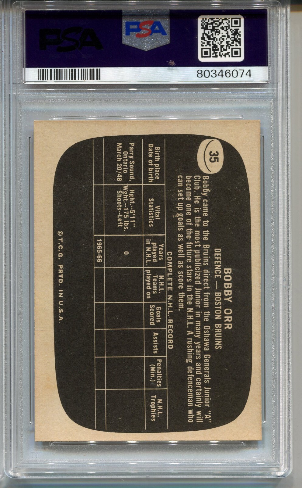 1966 Topps Test Hockey #35 Bobby Orr Bruins Rookie Card RC Graded PSA 6 ...