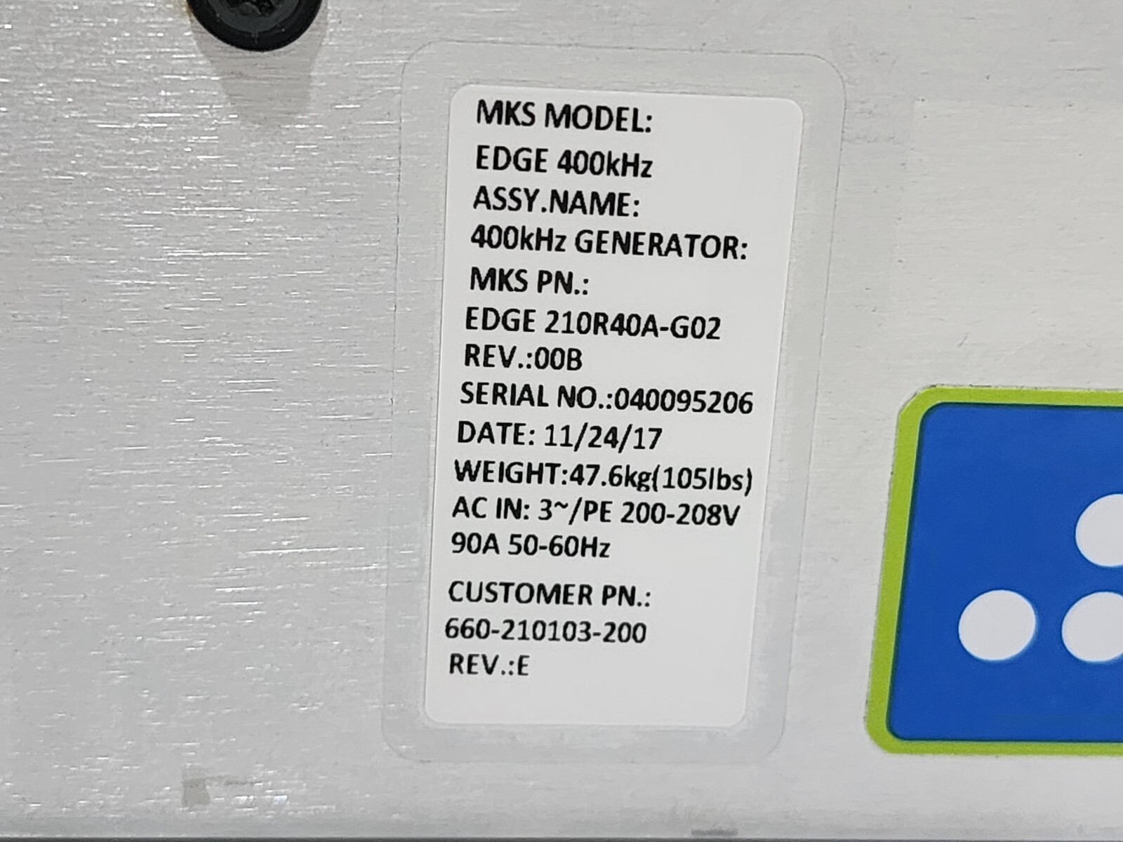 MKS RF GENERATOR 400kHz EDGE210R40A-G02 660-210103-200 (040095206) | eBay