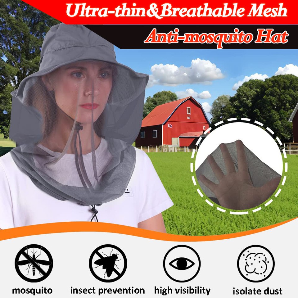 Anti-Mosquito Head Net Hat Bug Bee Insect Mesh Cap w/ Neck Flap Fishing ...