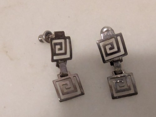 Sterling Silver 925 Double Greek Key Dangle Earrings Push Back Closure ...