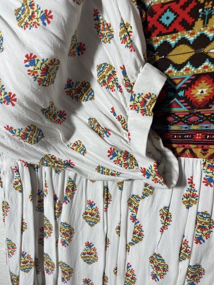 Umgee Aztec Dove Pattern 3/4 Sleeve Tunic Mini Dress Wm SM Button V ...