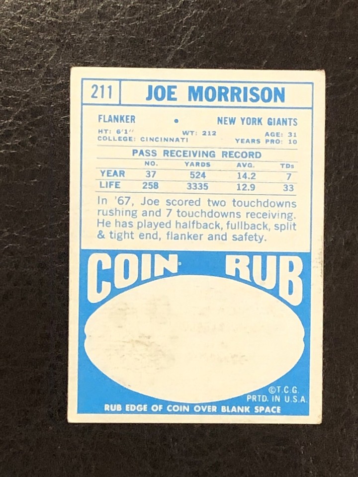 1968 Topps Football Joe Morrison Card #211 EX-NM New York Giants | eBay