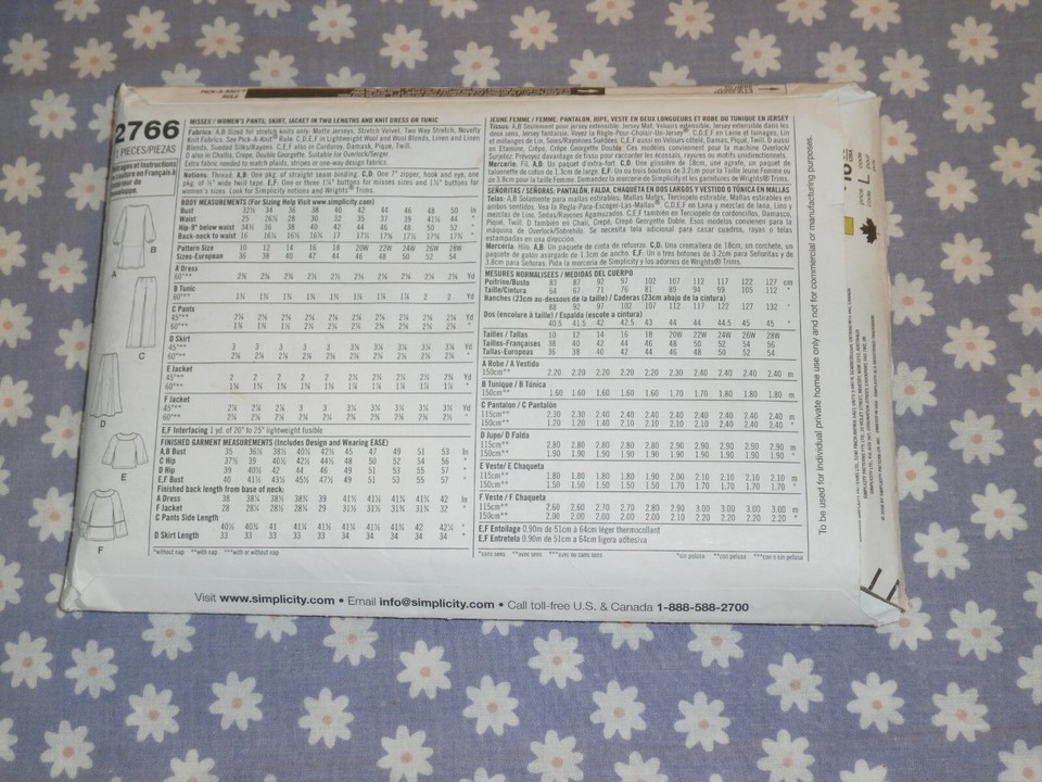 SIMPLICITY 2766 WOMEN'S JACKET DRESS TUNIC SKIRT & PANTS PATTERN UNCUT ...