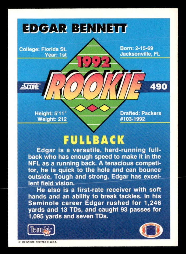 Edgar Bennett 1992 Score Rookie Card #490 Green Bay Packers | eBay