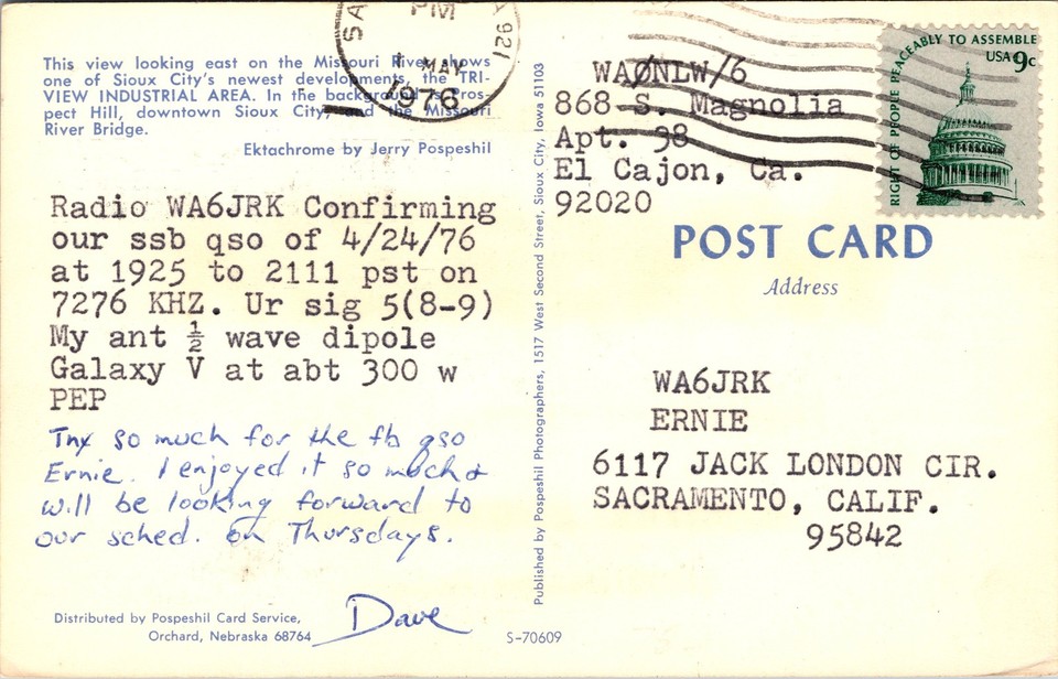 1976 Sioux City Iowa QSL Card WA NLW to WA6JRK Industrial Area Missouri ...