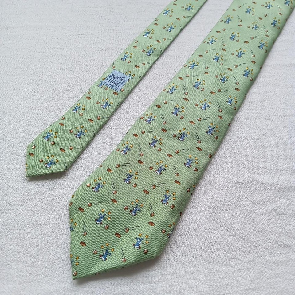 Hermès Green Rabbit Print Silk Necktie, Made in France, Business Style ...
