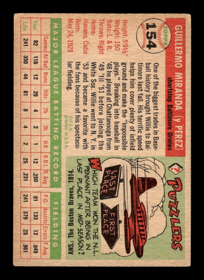 1955 Topps Baseball #154 Willie Miranda Very Good Baltimore Orioles | eBay