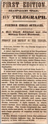 1st Ed Half-Past One Telegraph Further Indian Outrages 1869 NY Clipping ...